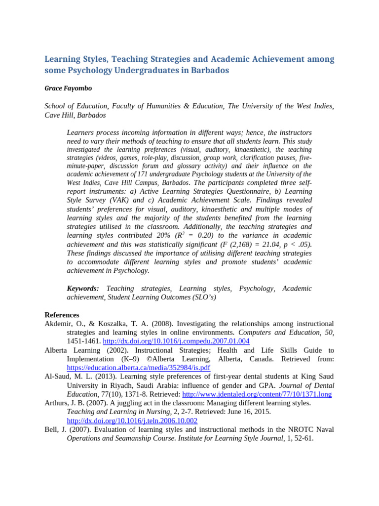 Learning Styles, Teaching Strategies and Academic Achievement Among ...