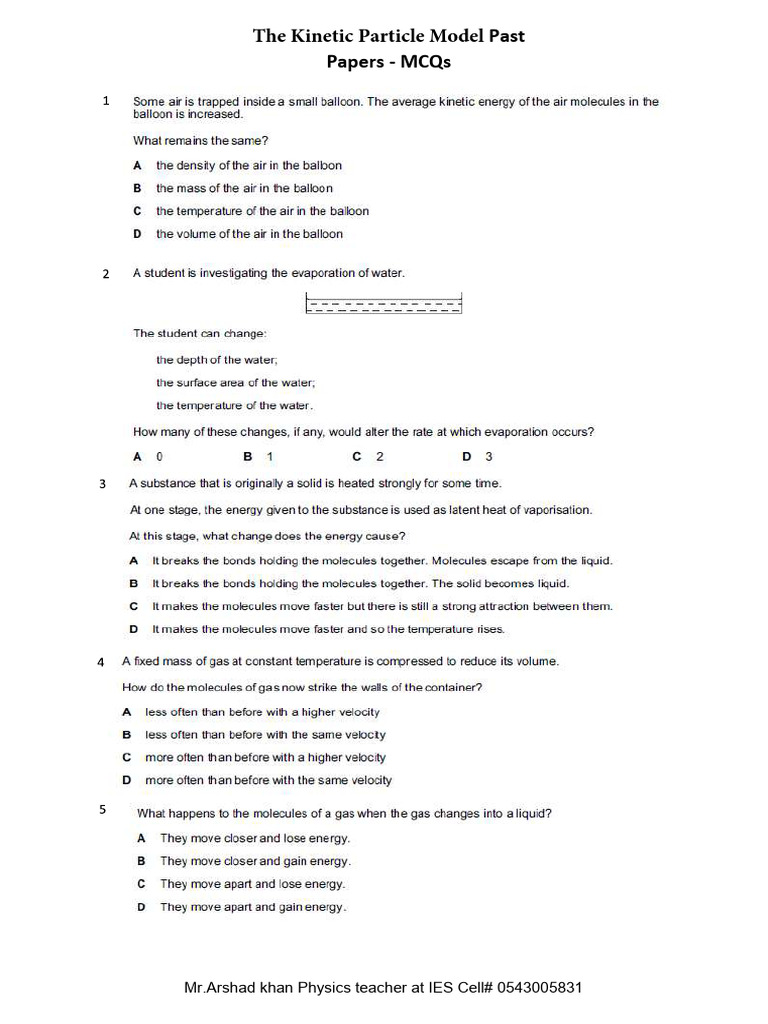 Practice Sheet MCQS The Kinetic Particle Model - 250609 - 122917 | PDF | Boiling | Thermodynamics