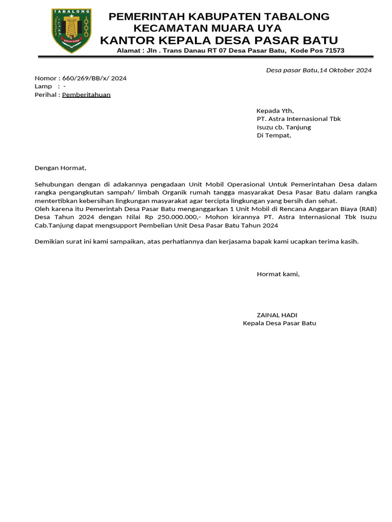 Surat Keterangan Harga TDK Masuk e Catalog | PDF