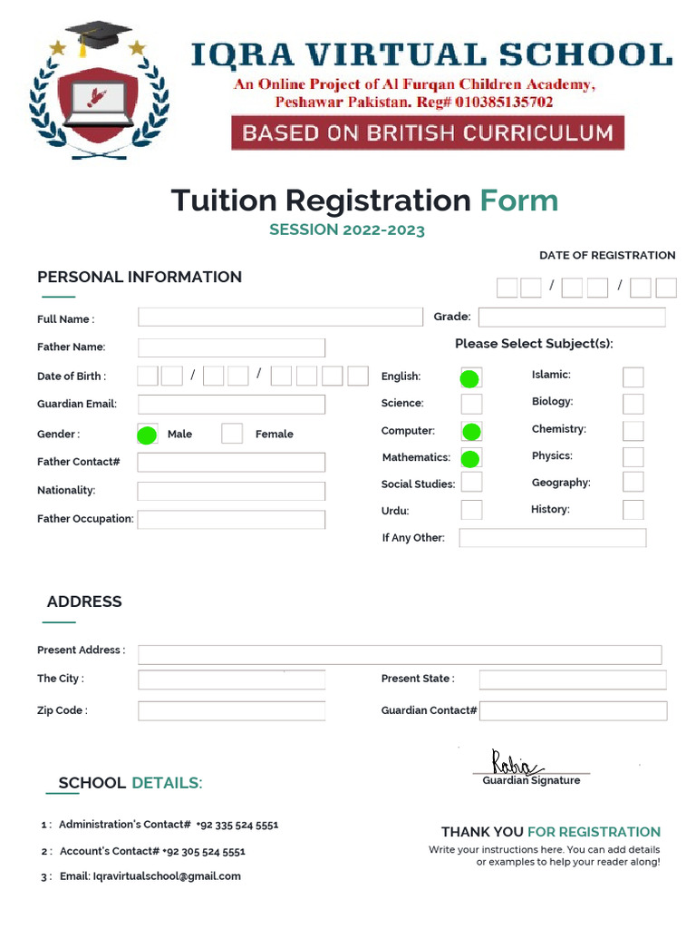 Ibrahim Tuition Registration Form | PDF