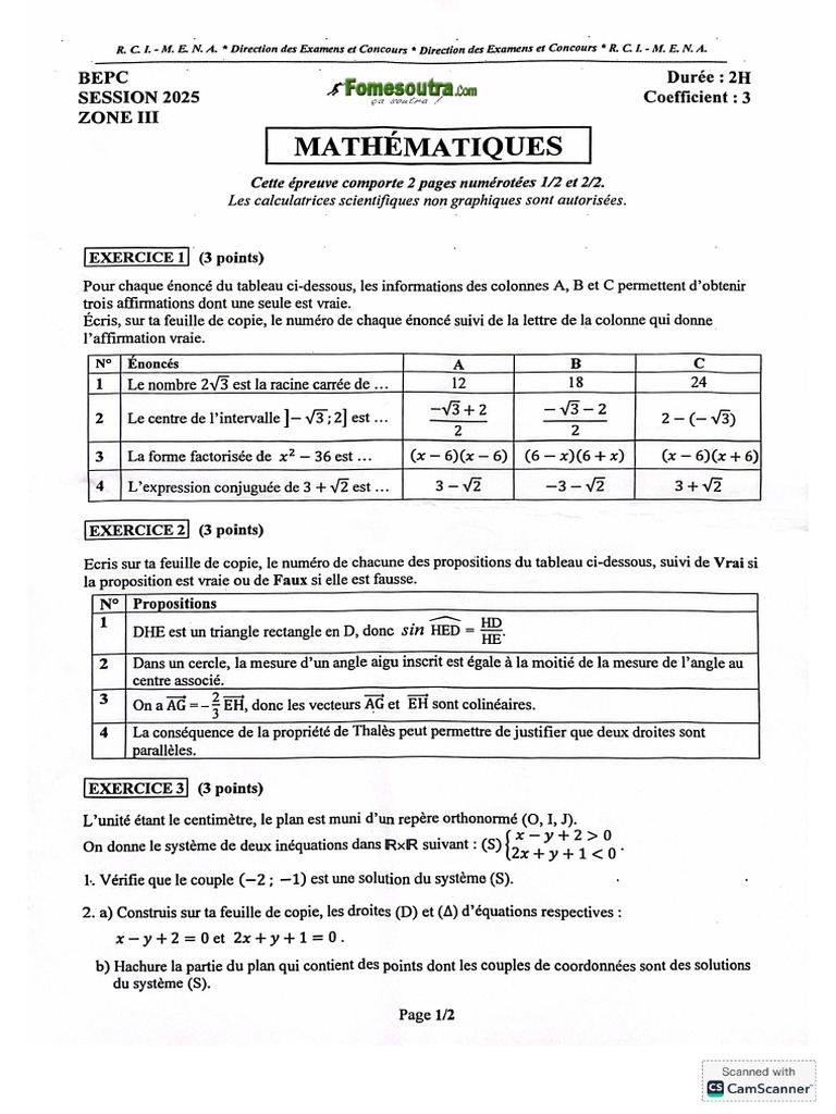BEPC Session 2025 Zone 3 Sujet de Mathématiques Côte D'ivoire by TEHUA | PDF