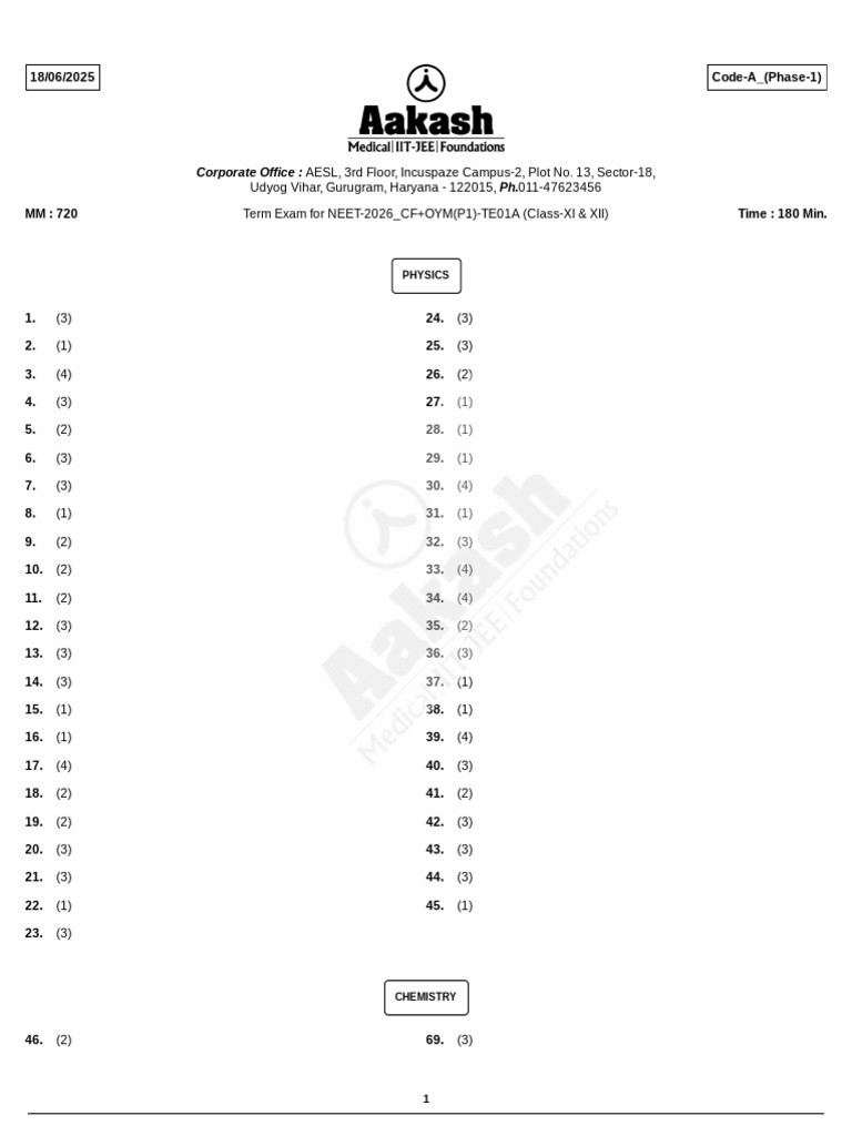 TE-01A CFOYM (P1) 18-06-2025 Ans | PDF | Chess Theory | Chess
