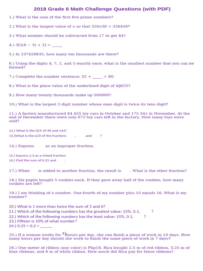 2018 Grade 6 Math Challenge Questions (2) | PDF | Number Theory ...