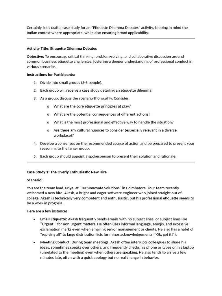 Business Etiquette Dilemma Debates | PDF | Conversation | Social Psychology