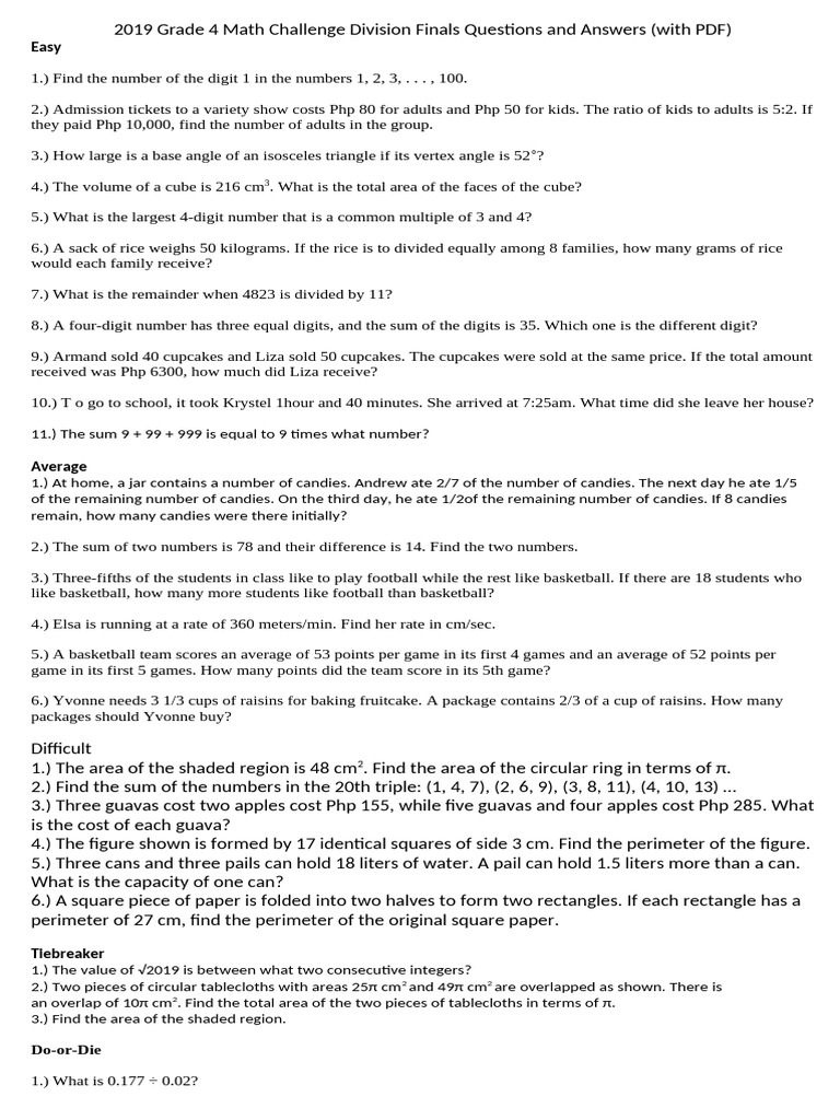2019 Grade 4 Math Challenge Questions | PDF