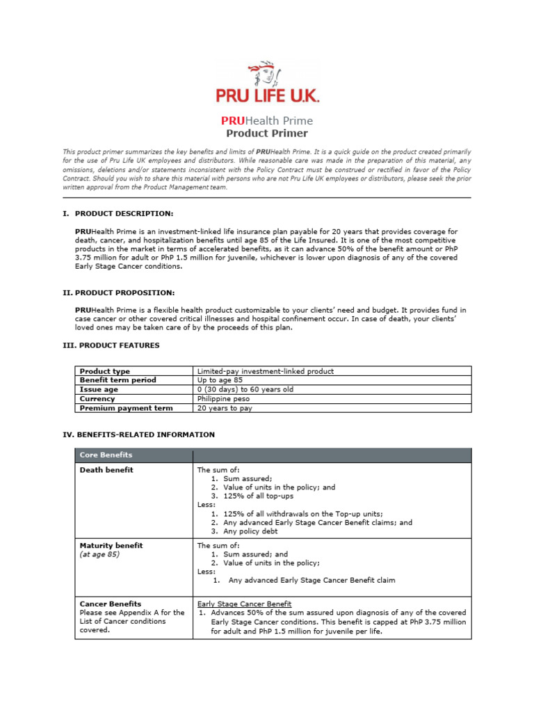 PRUHealth Prime Product Overview | PDF | Insurance | Hepatitis
