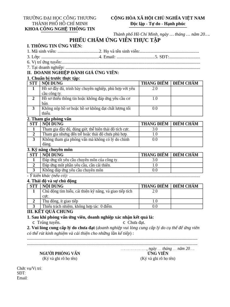 Phieu Cham Ung Vien CNTT - v1.0 | PDF