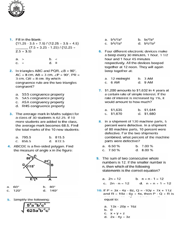 8 Maths Holiday Homework202526 | PDF