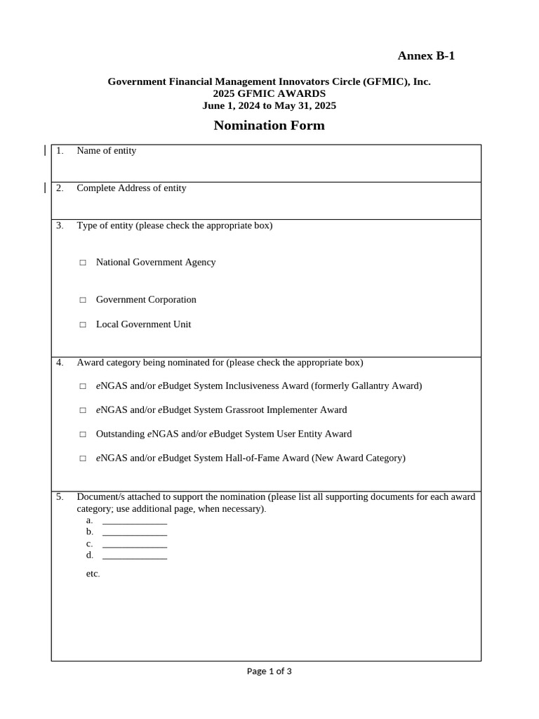 Annex B-1-2025 GFMIC Awards Nomination Form-Lpc | PDF | Auditor's ...