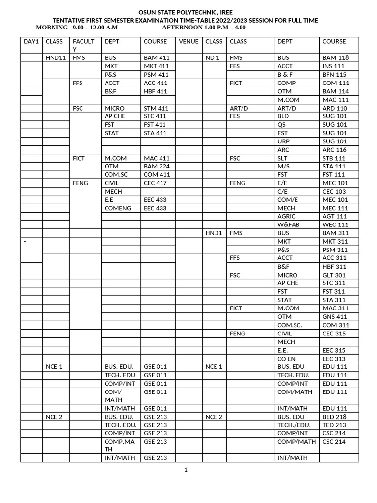 2022-2023 Time Table First Semester | PDF