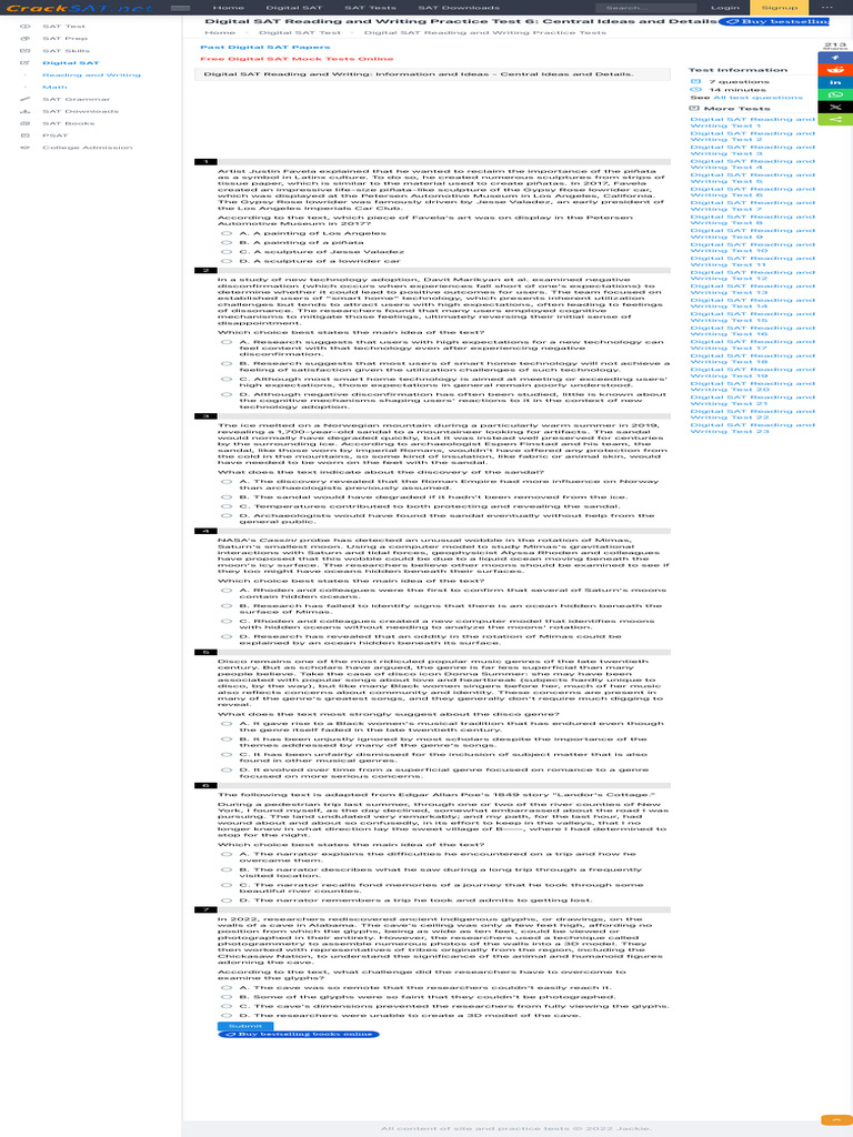 Digital SAT Reading and Writing Practice Test 6 Central Ideas and ...