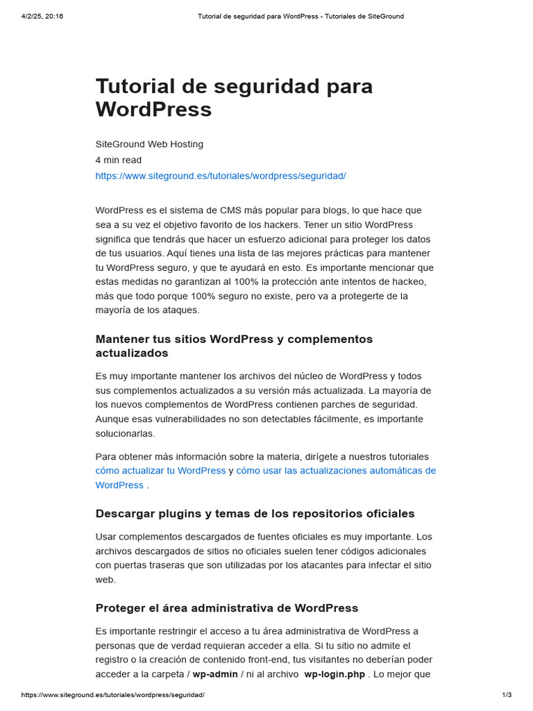 Tutorial de Seguridad para WordPress - Tutoriales de SiteGround | PDF | Word Press | Contraseña