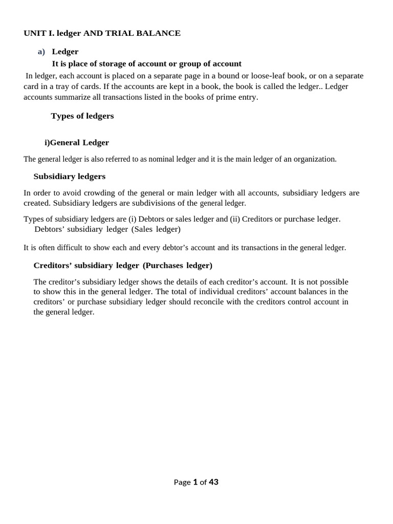 Unit 1 Ledger and Trial Balance | PDF | Debits And Credits | Expense