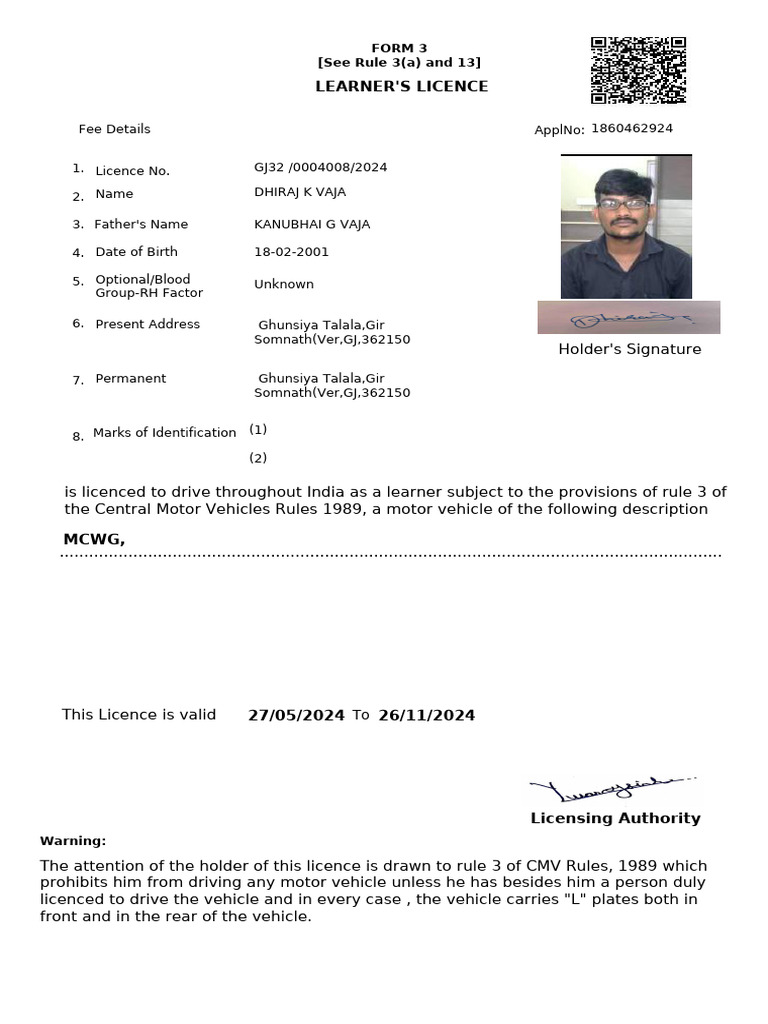 Learner'S Licence: Form 3 (See Rule 3 (A) and 13) | PDF
