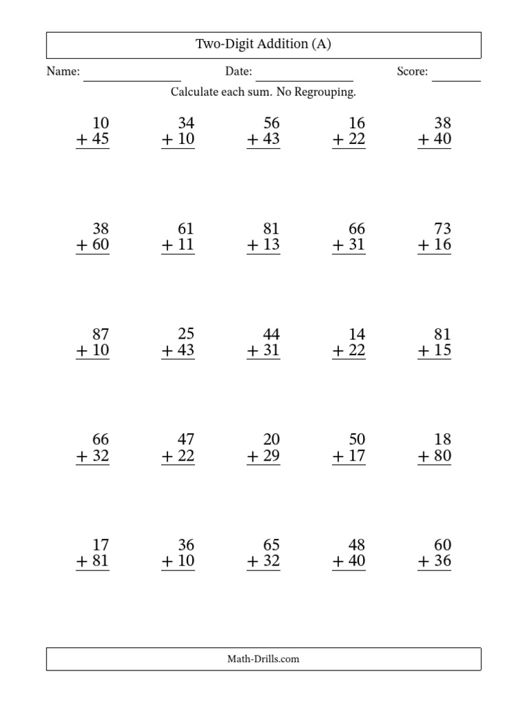Two-Digit Addition Practice Worksheet | PDF