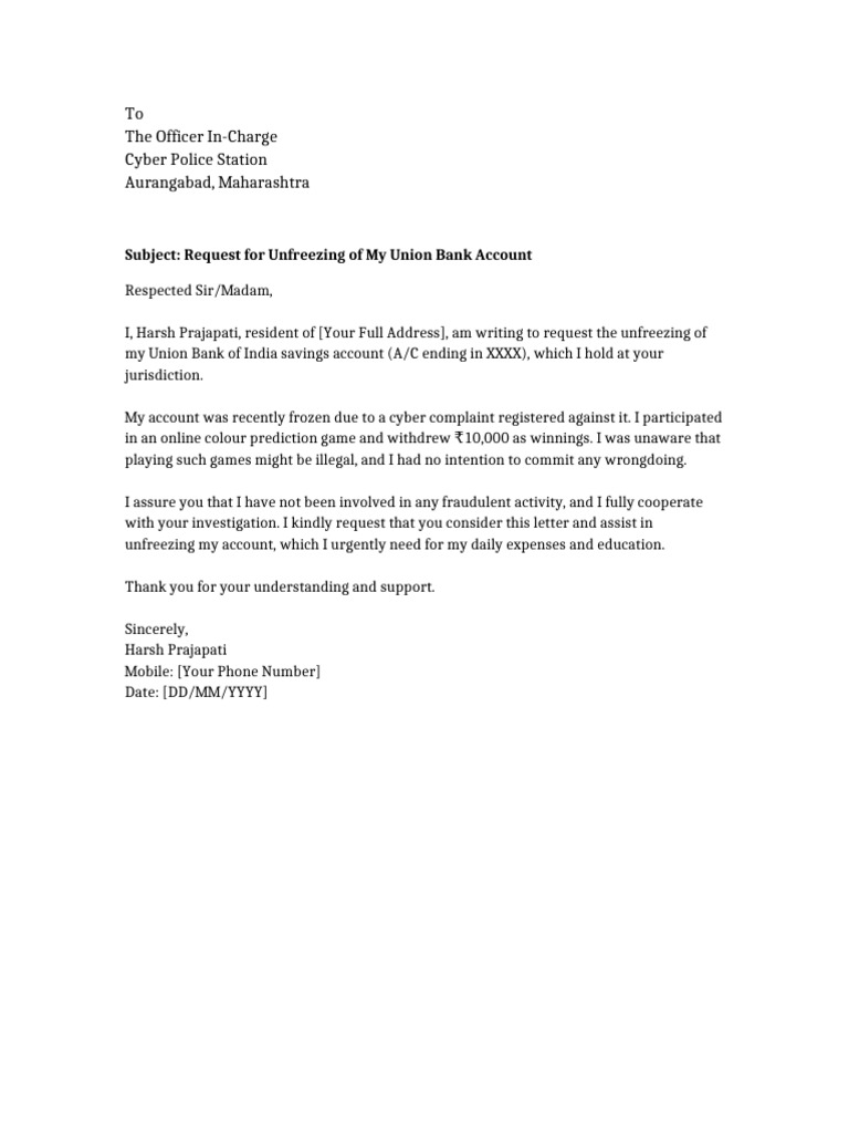 Account Unfreeze Letter Harsh | PDF