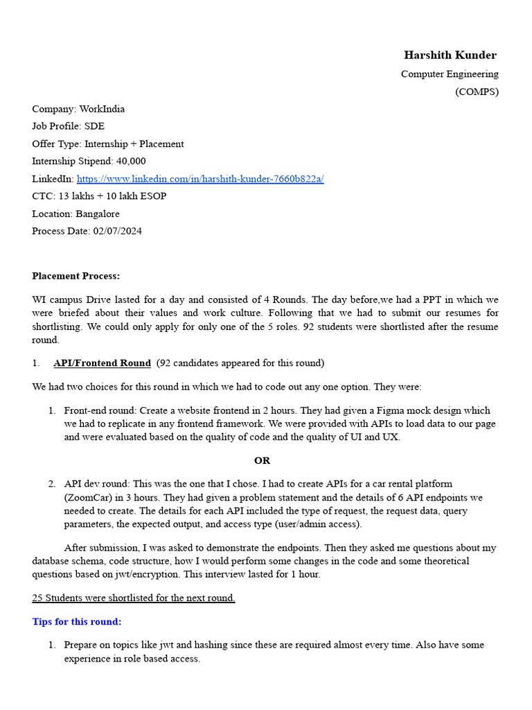 WorkIndia SDE HarshithKunder | PDF | Databases | Sql