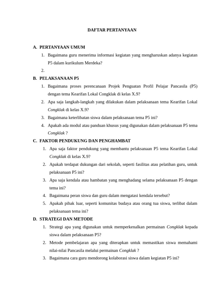 Daftar Pertanyaan Wawancara Koordinator p5 | PDF