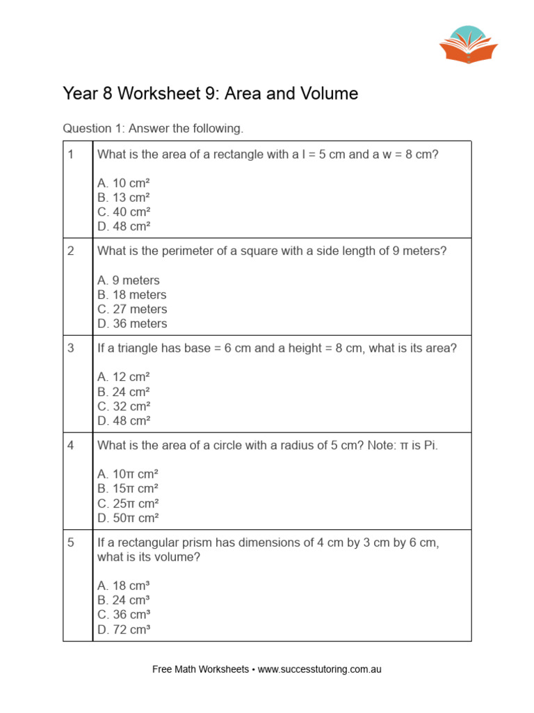 Year 8 Area and Volume Worksheet | PDF | Area | Circle