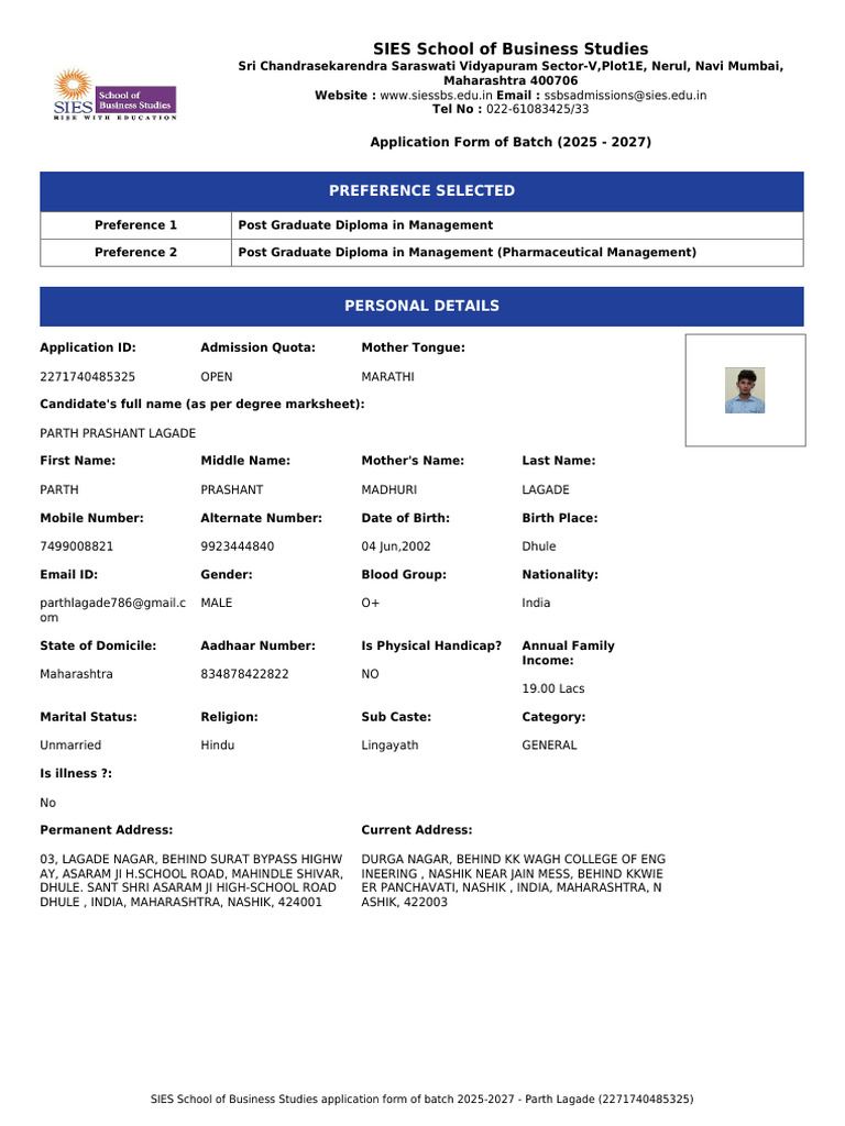 SIES School of Business Studies Application Form of Batch 2025-2027 ...