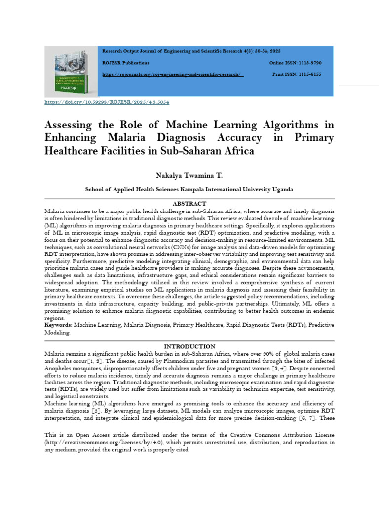 Assessing The Role Of Machine Learning Algorithms In Enhancing Malaria