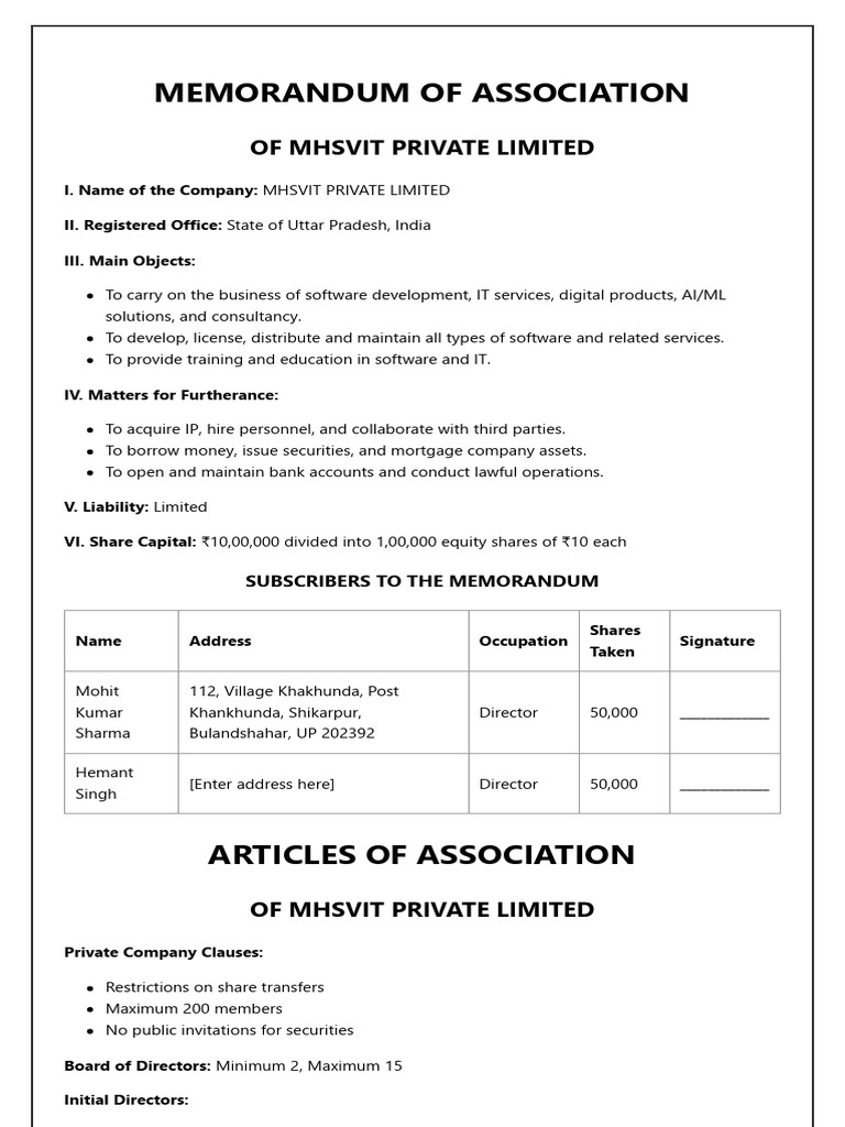 Moa & Aoa - Mhsvit Private Limited | PDF