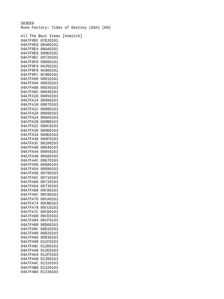 Rune Factory Tides of Destiny Item Codes | PDF | Video Games | Role ...