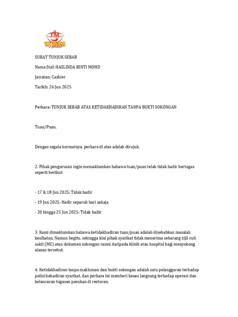 Surat Tunjuk Sebab HASLINDA Final REDO | PDF