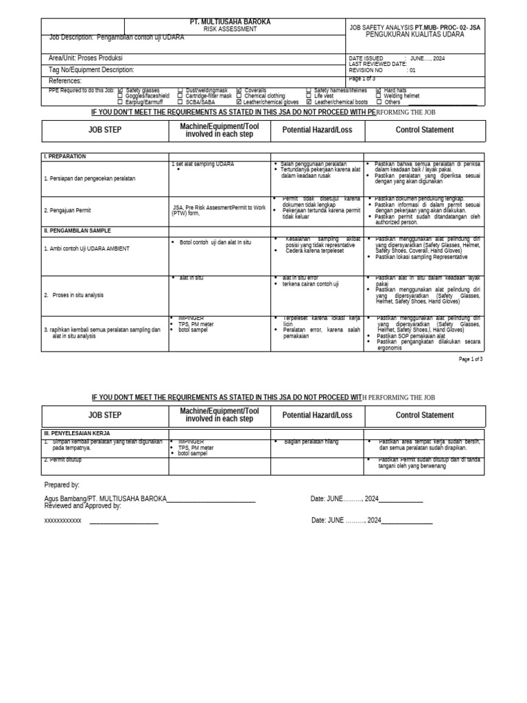 JSA Pemantauan Kualitas Udara (BLM Edit) | PDF