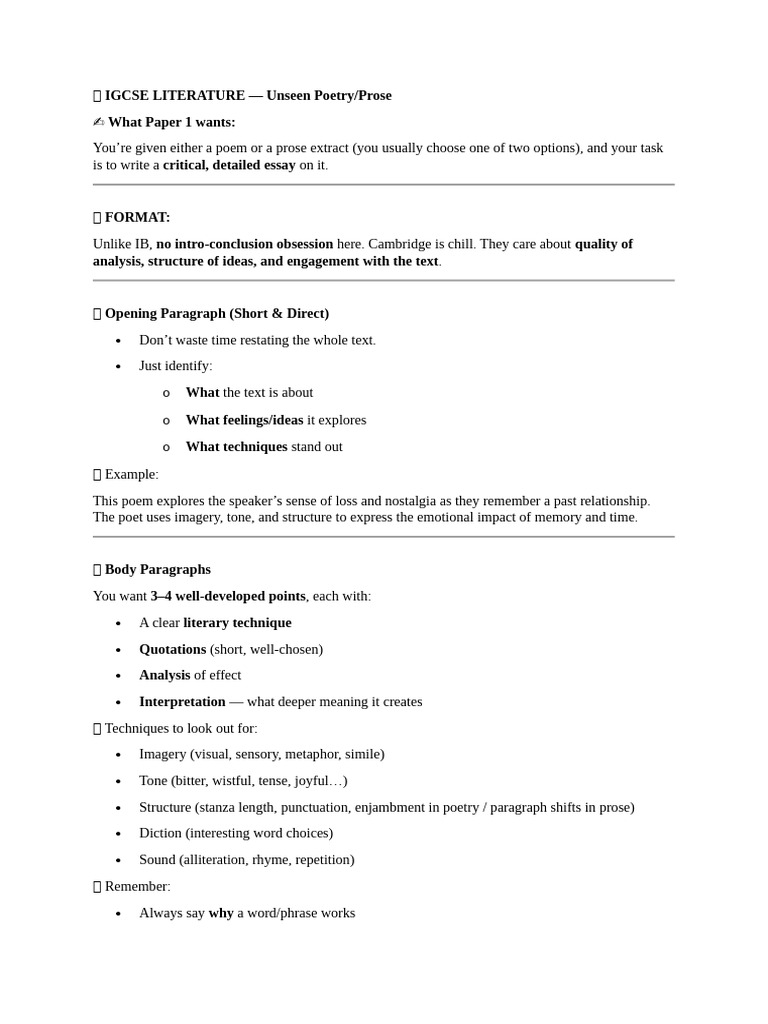 IGCSE Literature: Unseen Poetry Guide | PDF | Poetry | Writing