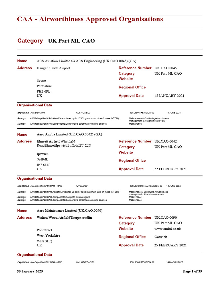 CAA Approved Organisations List | PDF | Aviation | Aerospace