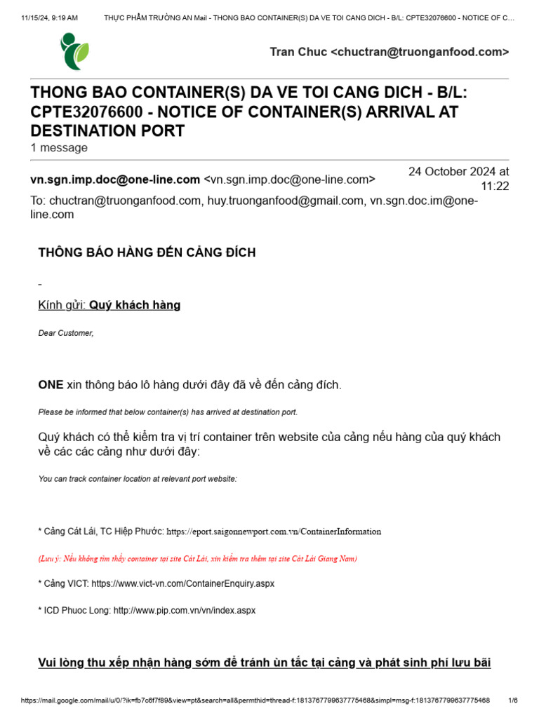 Thực Phẩm Trường an Mail - Thong Bao Container(s) Da Ve Toi Cang Dich ...