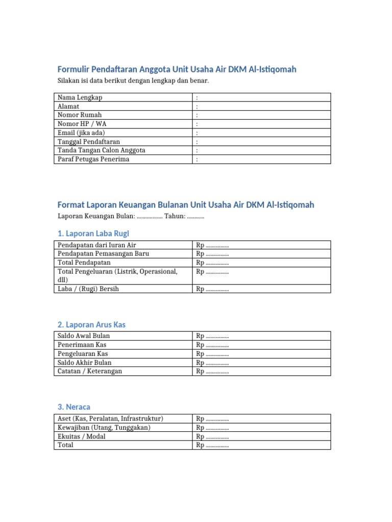 Formulir Dan Laporan Keuangan Unit Usaha Air DKM | PDF