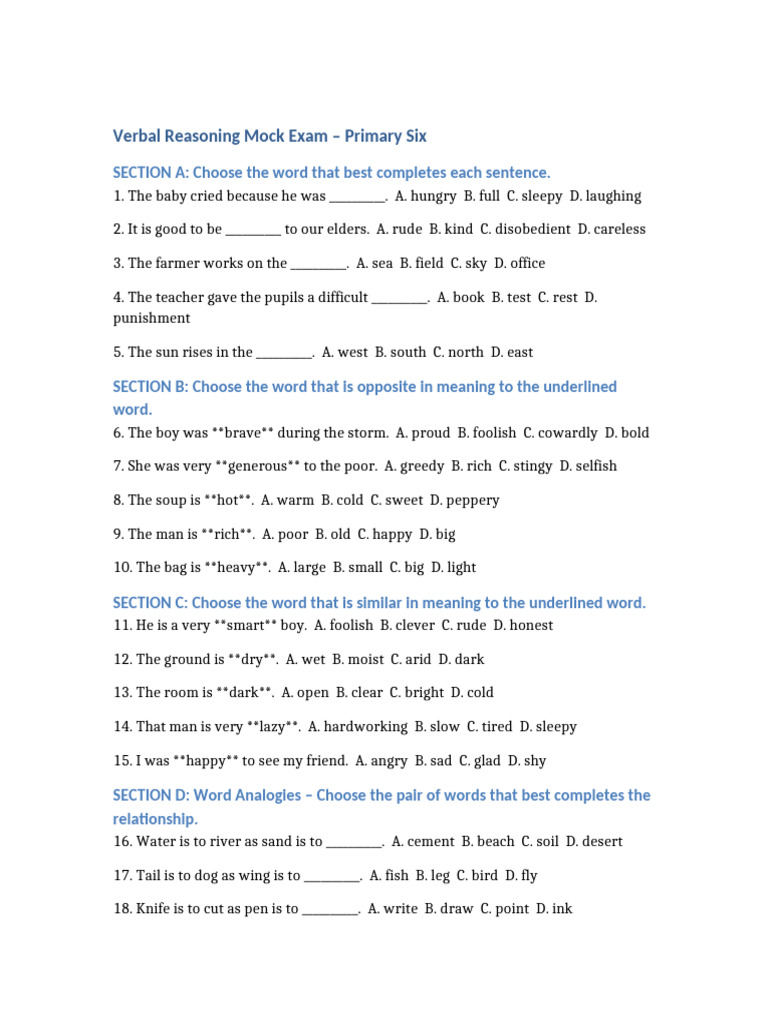 Verbal Reasoning Mock Exam for Grade 6 | PDF