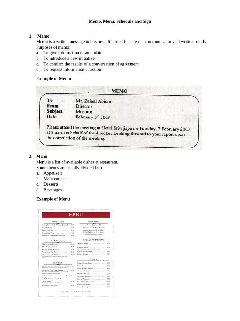 Memo, Menu, Sign, and Schedule | PDF