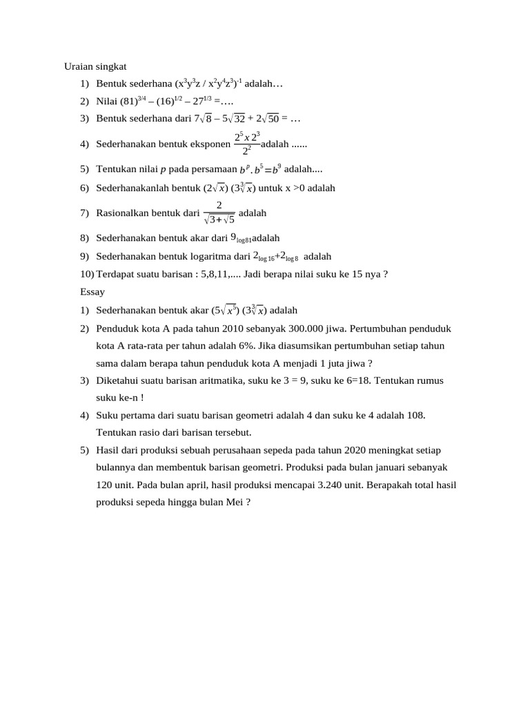 Soal PTS MTK Kls X | PDF