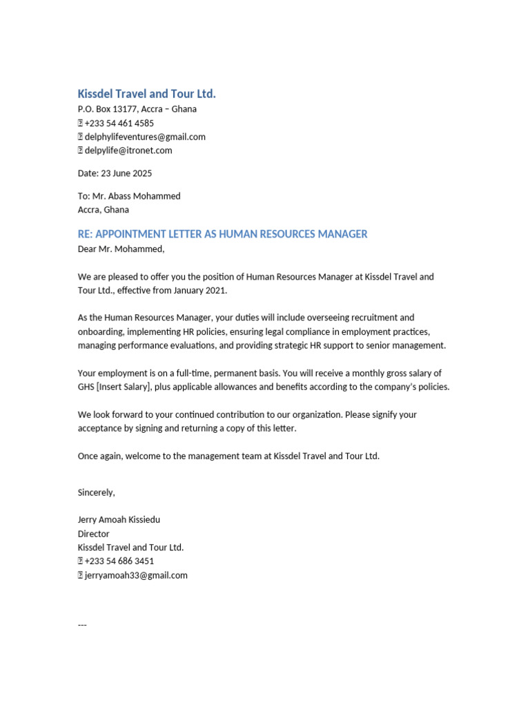 Appointment as HR Manager at Kissdel | PDF