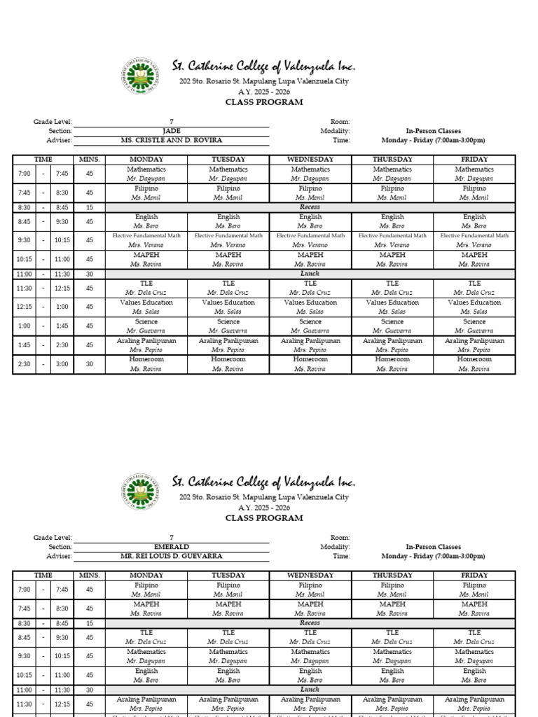 Class Program G7 G10 2025 2026 | PDF | Mathematics | Science