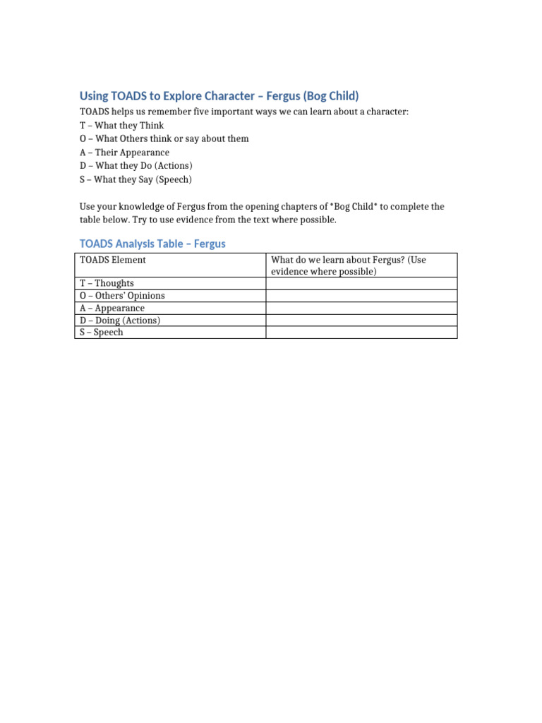TOADS Character Worksheet Fergus | PDF