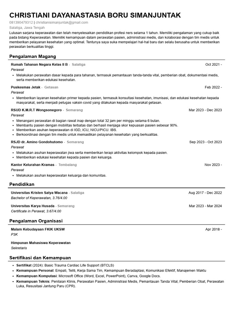 CV - Christiani Dayanastasia Boru Simanjuntak | PDF