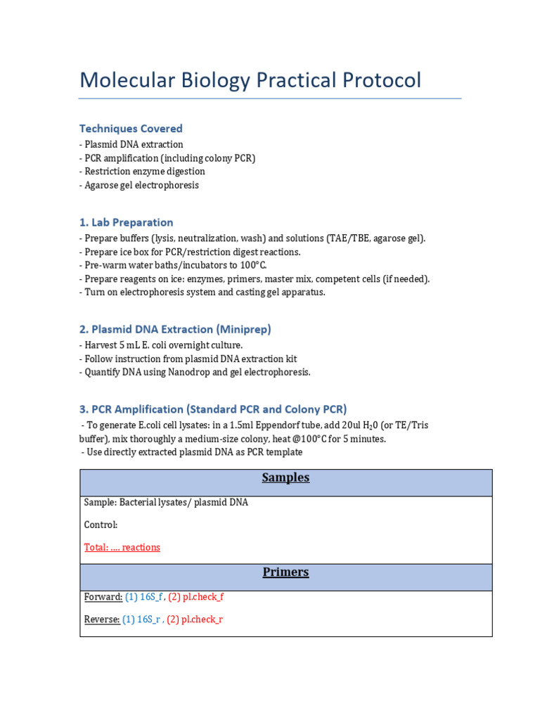 Molecular Biology Practical Protocol | PDF | Gel Electrophoresis | Agarose Gel Electrophoresis