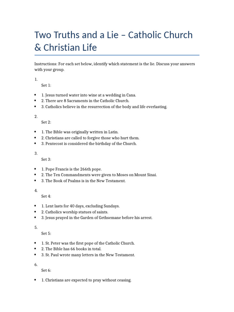 Two Truths and a Lie: Catholic Beliefs | PDF | Easter | Resurrection Of ...