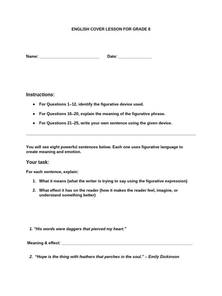 English Cover Lesson For Grade 8 | PDF