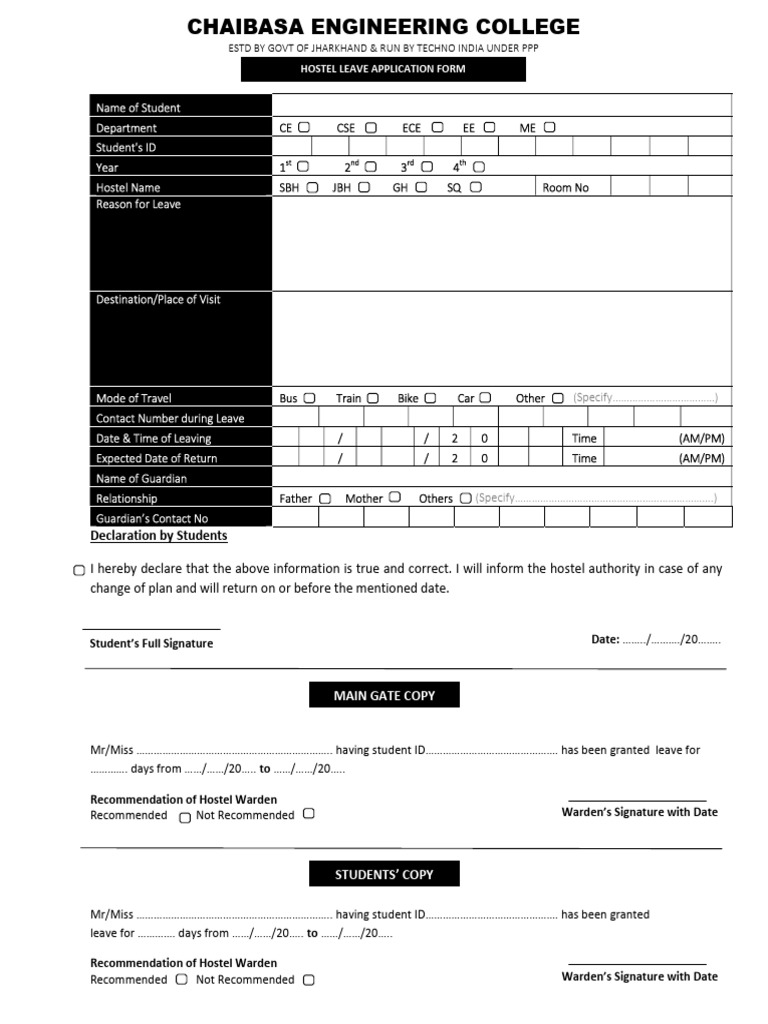 Hostel Leave Forms | PDF