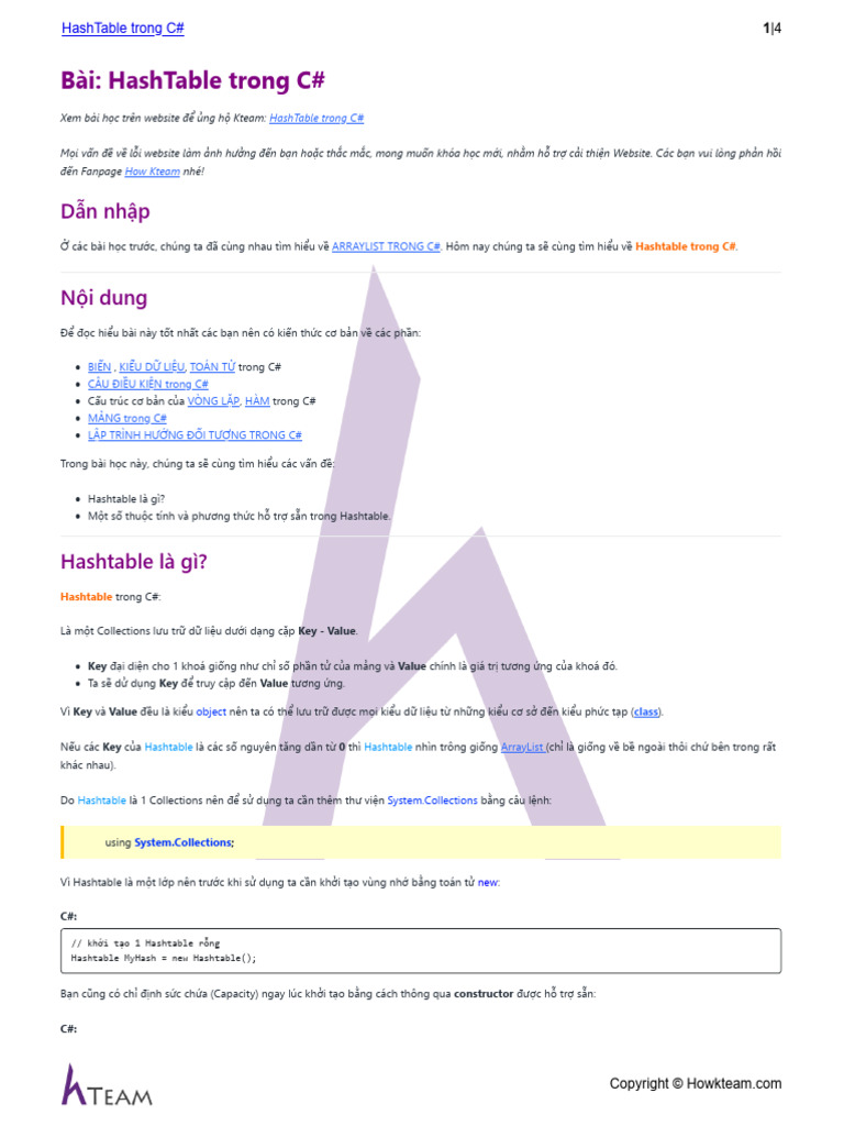 HashTable Trong C# | PDF