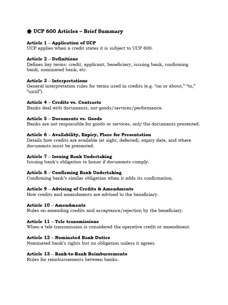 UCP 600 Articles Summary Guide | PDF | Bill Of Lading | Cargo
