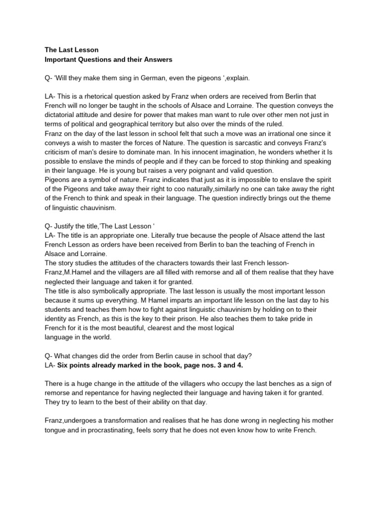 Key Questions on "The Last Lesson" | PDF | Question