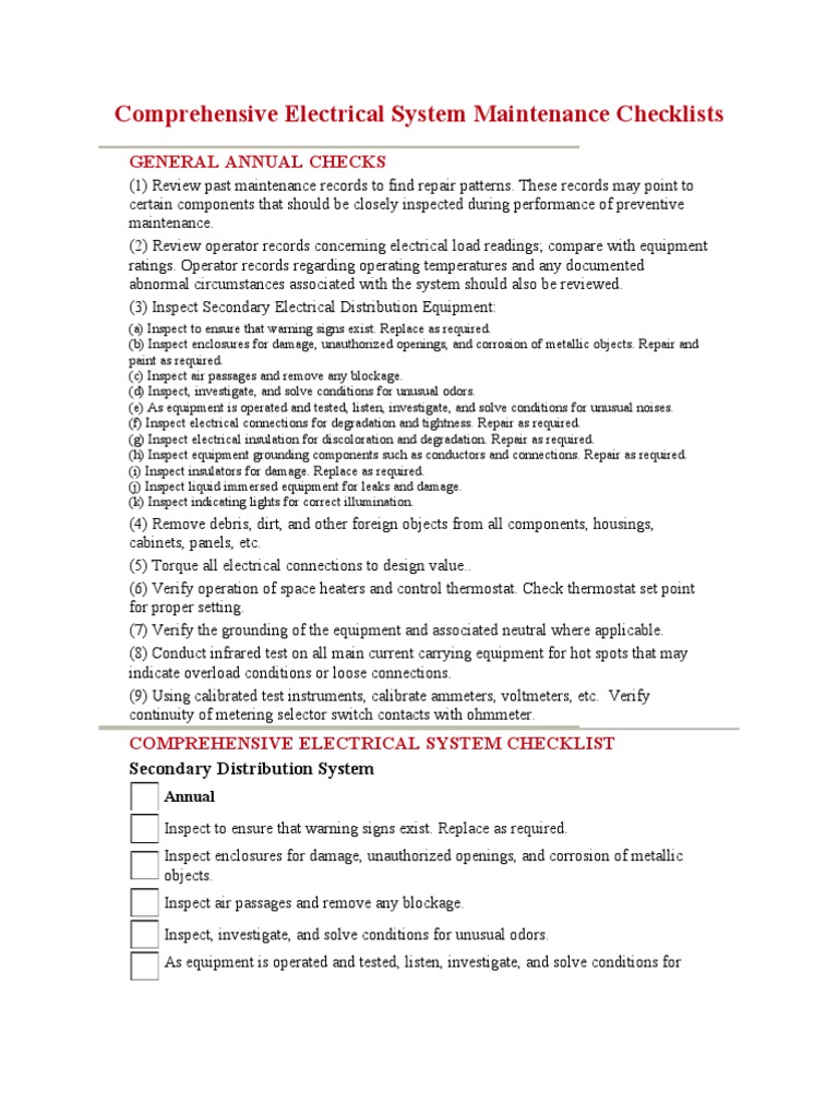Comprehensive Electrical System Maintenance Checklists | Switch | Relay ...