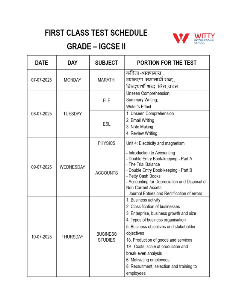 IGCSE II CT 1 Schedule July 2025 | PDF | Chemistry | Economics