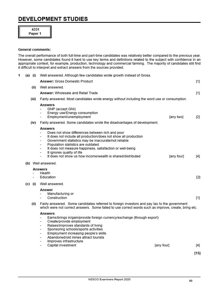 NSSCO Examiners Report 2020: Development Studies | PDF | Agriculture ...